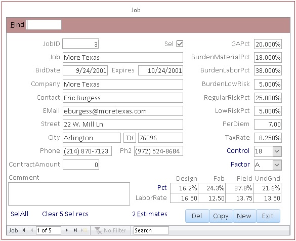 Estimating Application - Job and Estimate Forms